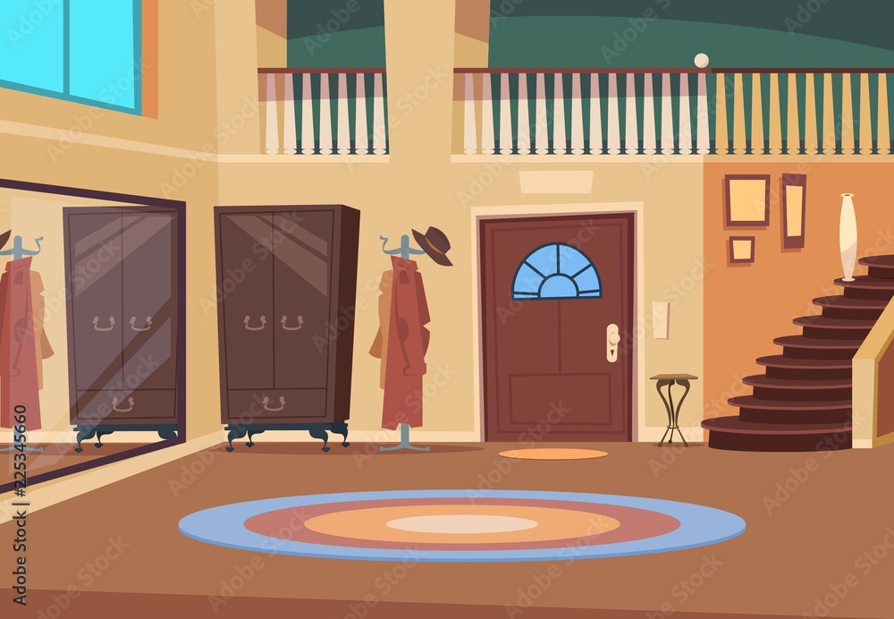 Retro hallway. Cartoon corridor interior with stairs and entrance door ...