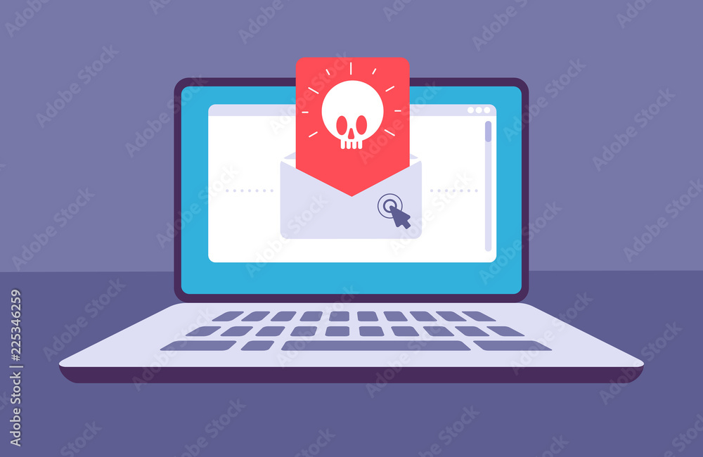 Email virus. Envelope with malware message with skull on laptop screen ...