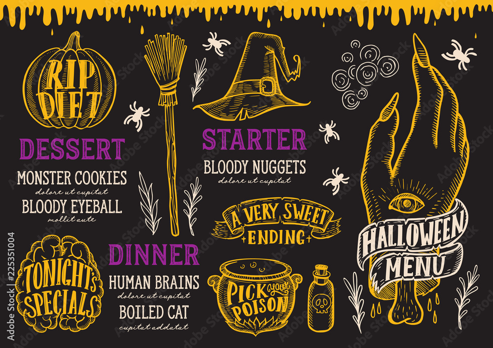Halloween food menu on a chalkboard. Stock Vector | Adobe Stock