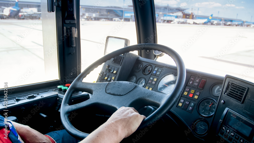 View from the driver cockpit of bus delivering passengers to the ...