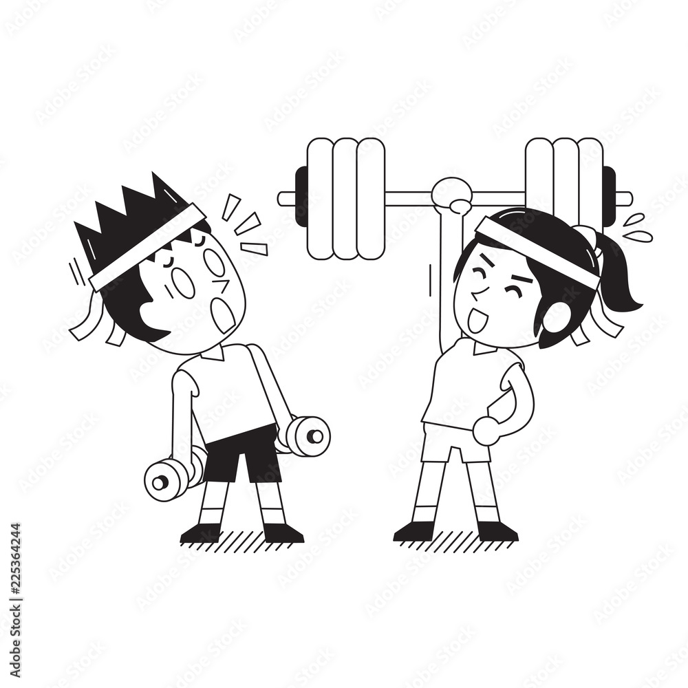 Cartoon man and woman doing weight training for design. Stock Vector ...