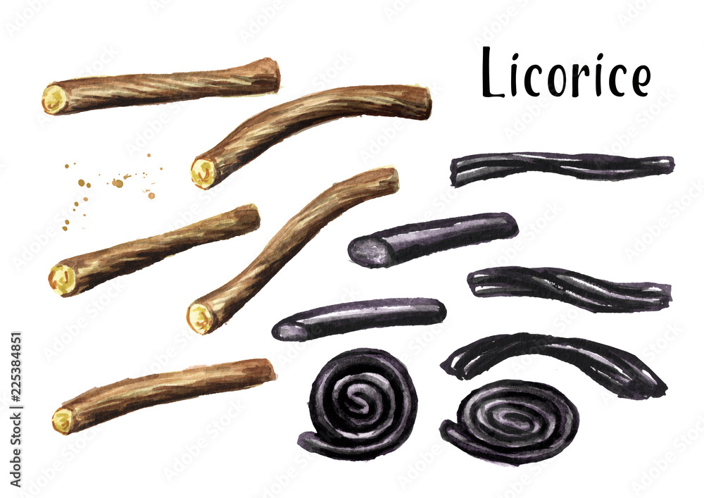 Liquorice roots with Licorice candies set. Watercolor hand drawn ...