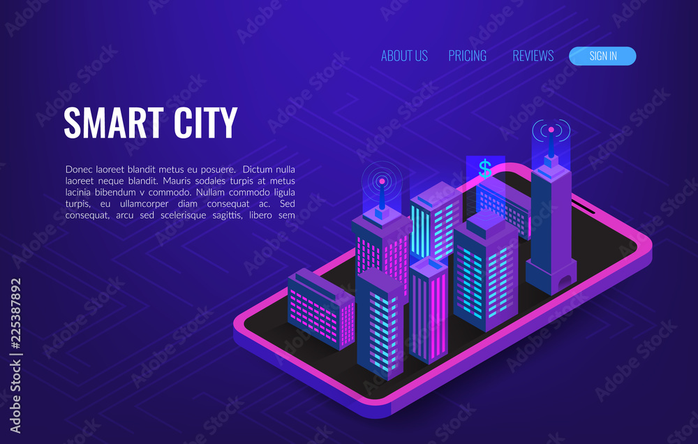 Smart city isometric concept. Building automation with computer ...