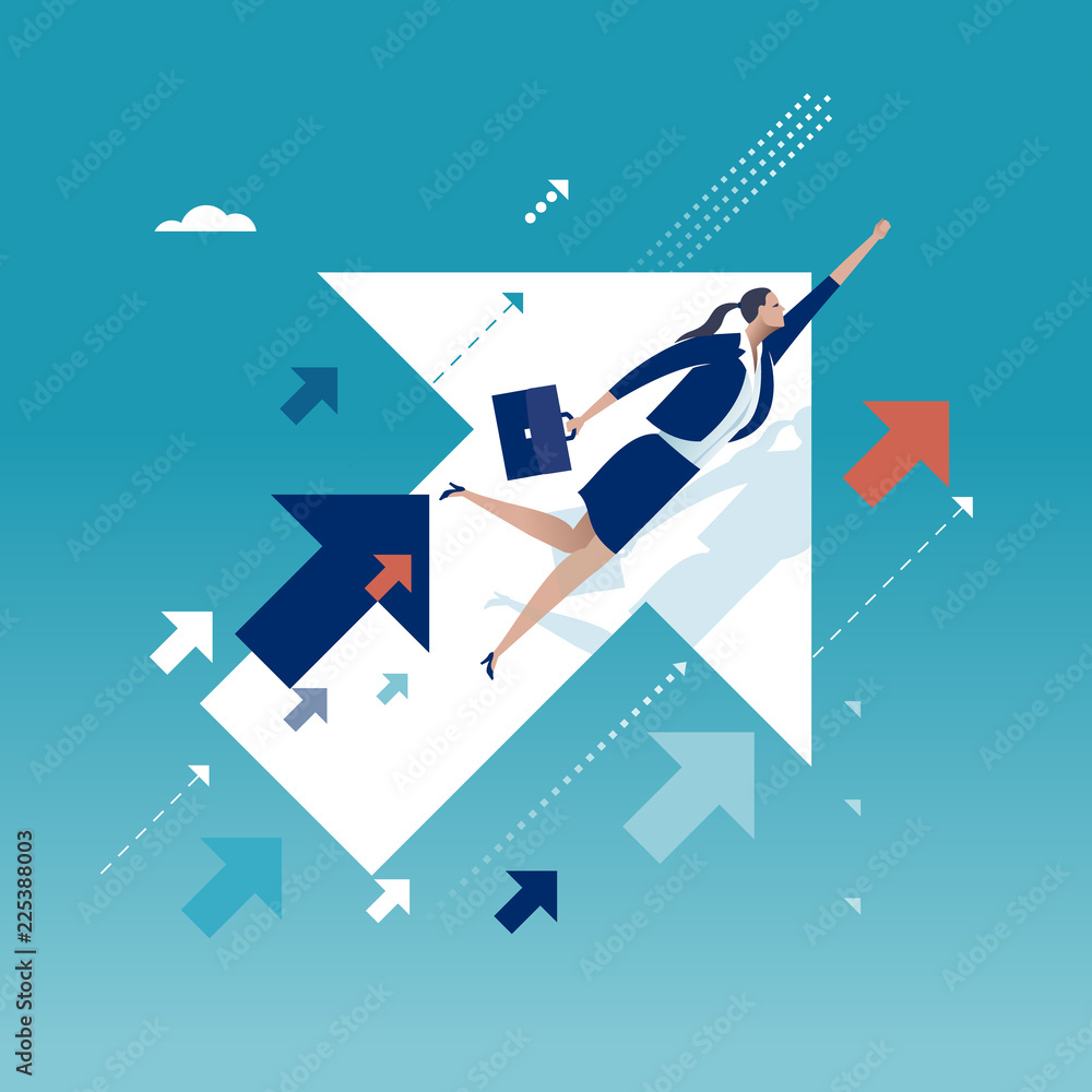 Upwards. Businesswoman flying between ascending arrow symbols. Concept ...