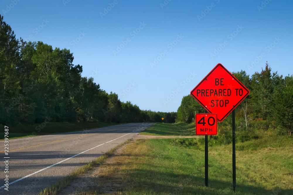 Orange Warning Road Signs on highway at construction site Stock Photo ...