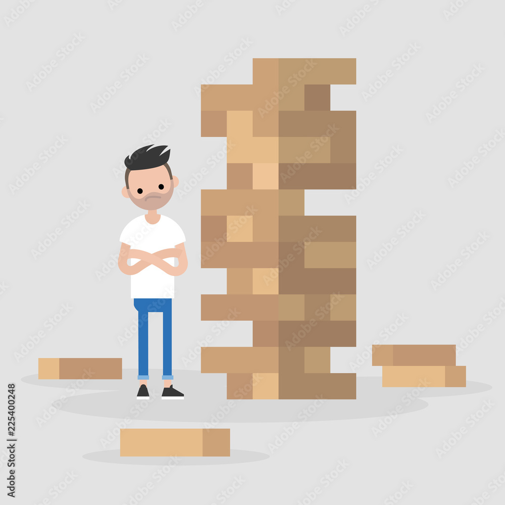 Young male character taking turn removing a block from a tower ...