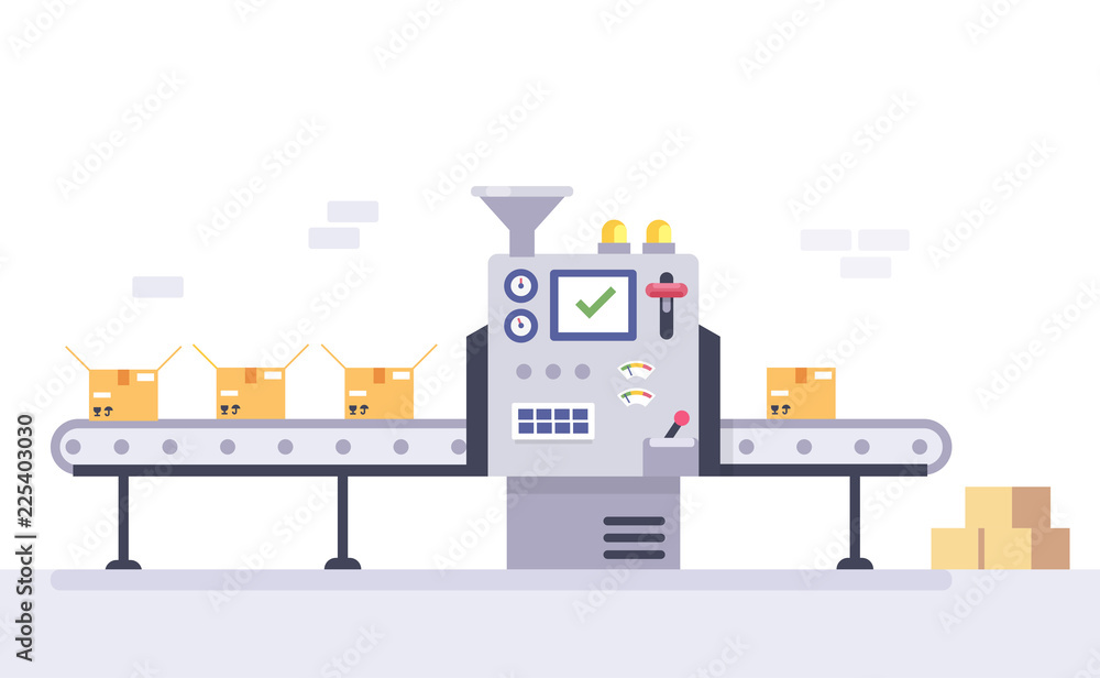 Technology and packing concept in flat style. Industrial machine vector ...