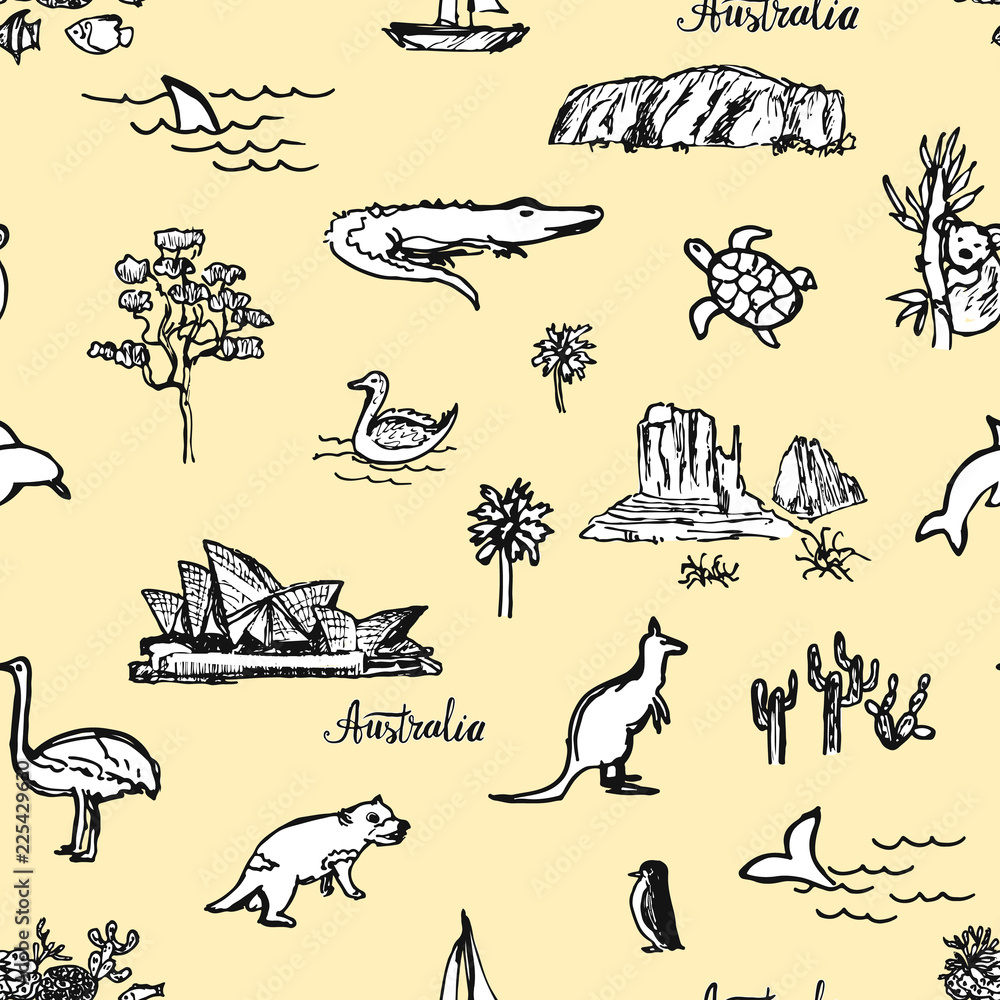 Hand drawn pattern with Australian animals and places. Sketch of life ...
