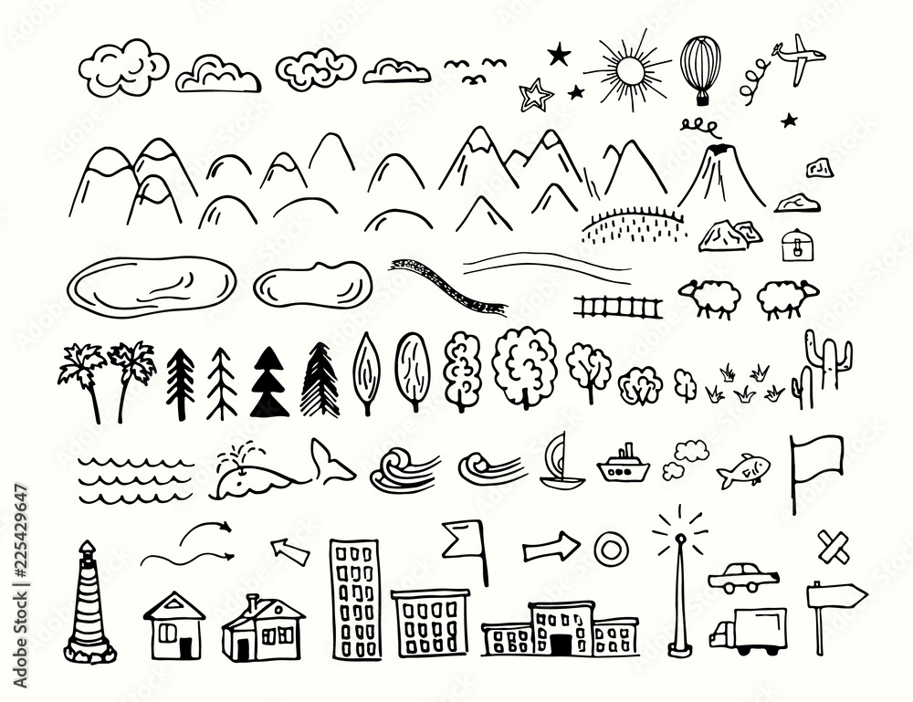 Drawing doodling map elements. Cartoon style collection for create an ...