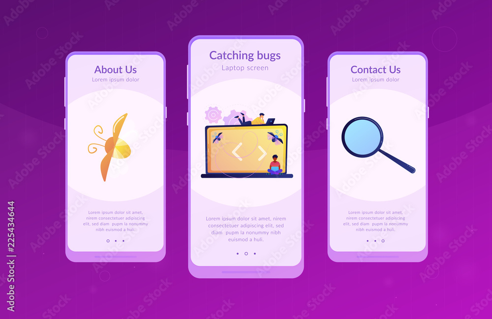 People catching bugs on the laptop screen with angle brackets. IT ...