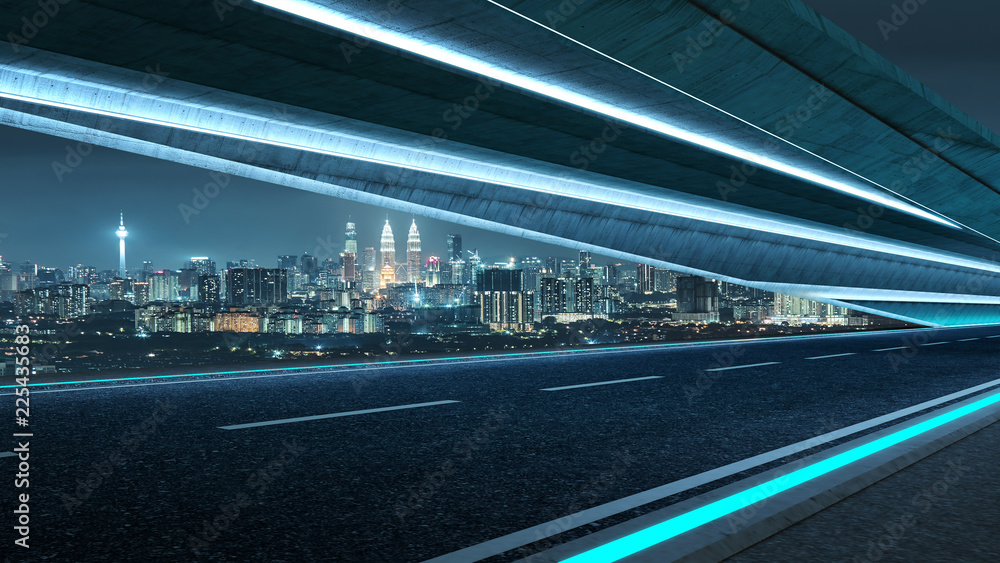 Futuristic style highway road with blue neon light and cityscape ...