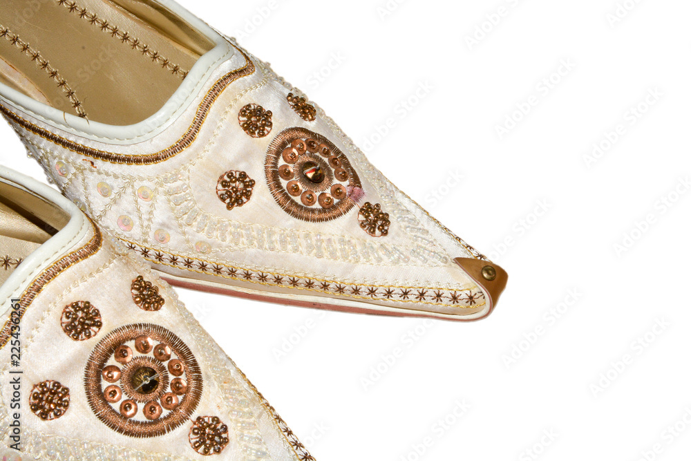 Arab women's white shoes made of natural silk embroidered with curled ...