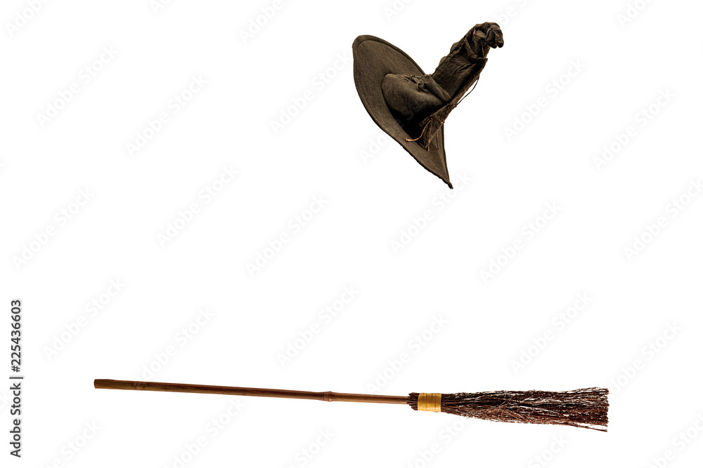 Happy Halloween, magic spell and flying broomstick concept with text ...