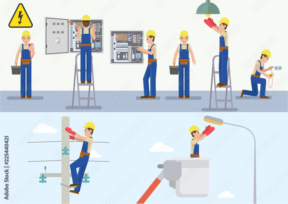 Vector illustration of electrician at work Stock Vector | Adobe Stock