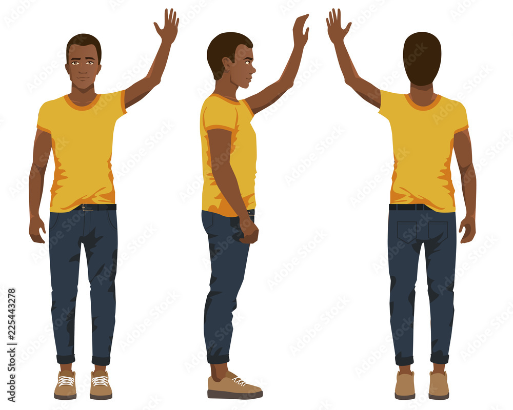 Vector illustration of three black men in casual clothes with hand up ...