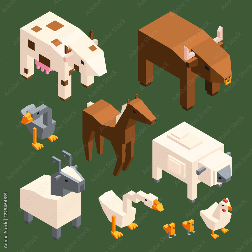 3D low poly animals. Vector isometric farm animals isolate ... 3D low poly animals. Vector isometric farm animals isolate ...