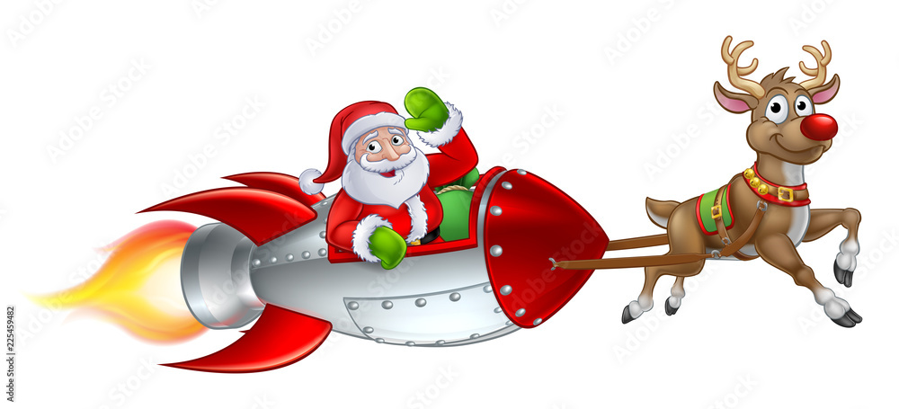 Santa Claus Christmas cartoon character riding in rocket ship sleigh ...