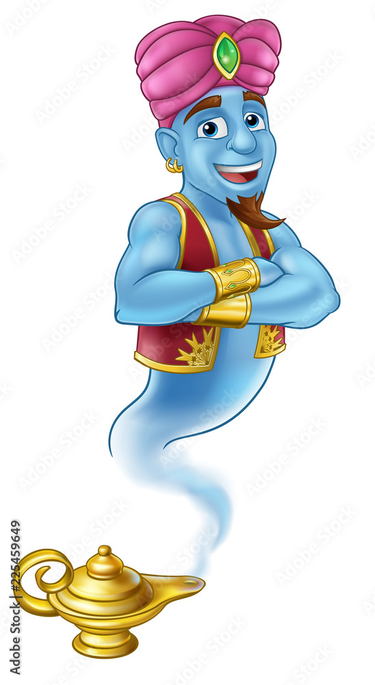 A genie cartoon character coming out of a gold magic lamp like in the story or pantomime of ...
