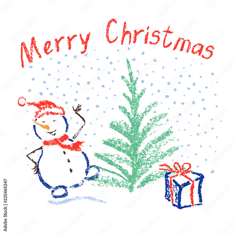 Crayon like child's drawing merry christmas funny smiling dancing ...