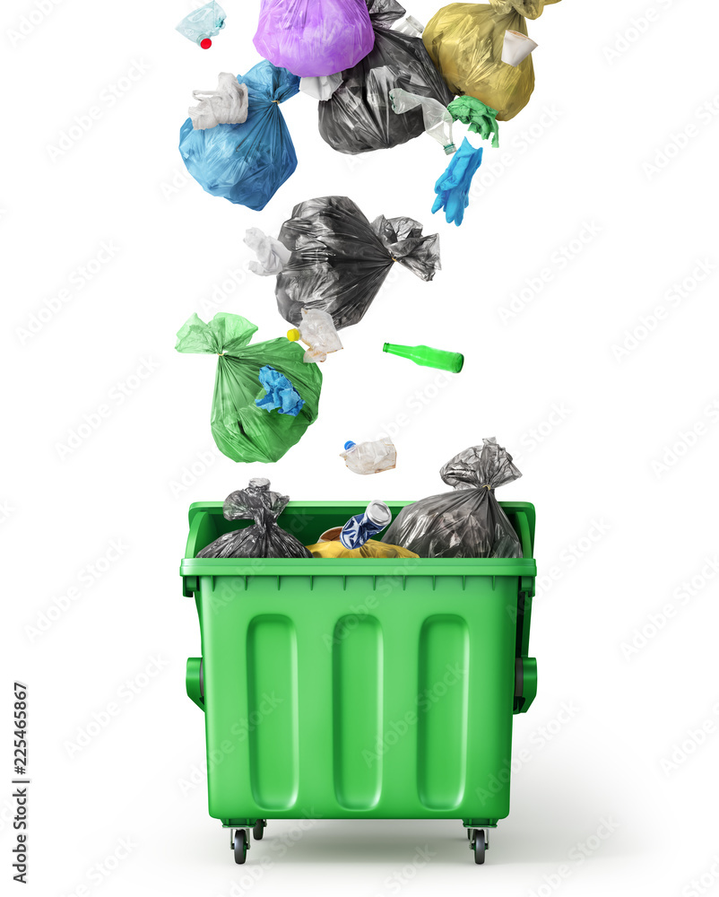 Garbage falls into a trash can on a white background Stock Photo ...