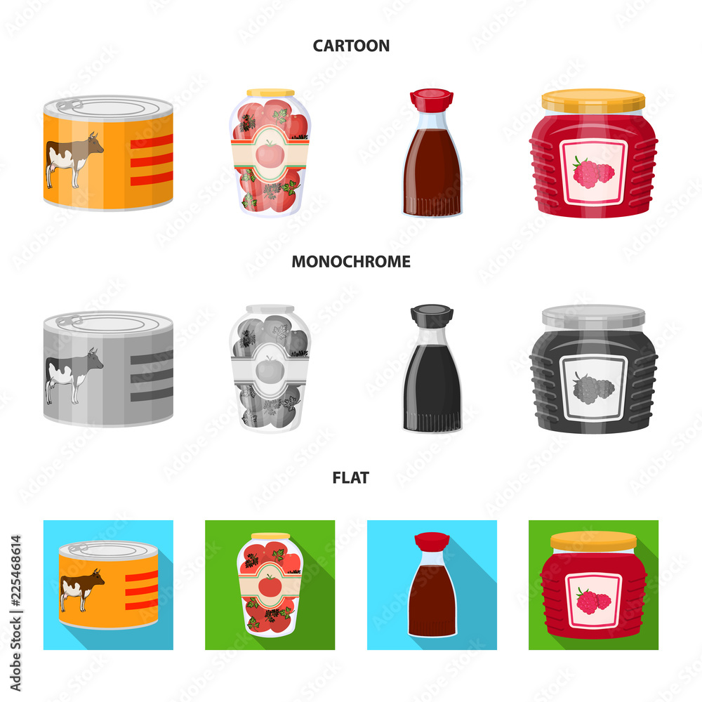 Vector illustration of can and food sign. Collection of can and package ...