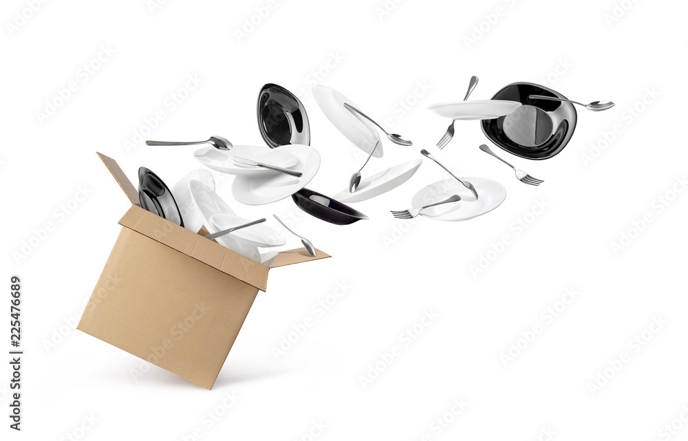 cardboard box with flying utensils, isolated on white background Stock ...