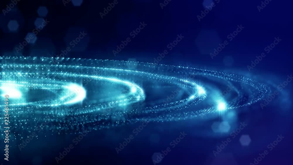 3d render of loop sci-fi animation with glow particles form rolling rings structures. Seamless ...