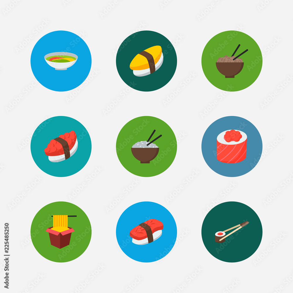 Sushi icons set. Unagi nigin and sushi icons with maguro nigiri, ikura ...