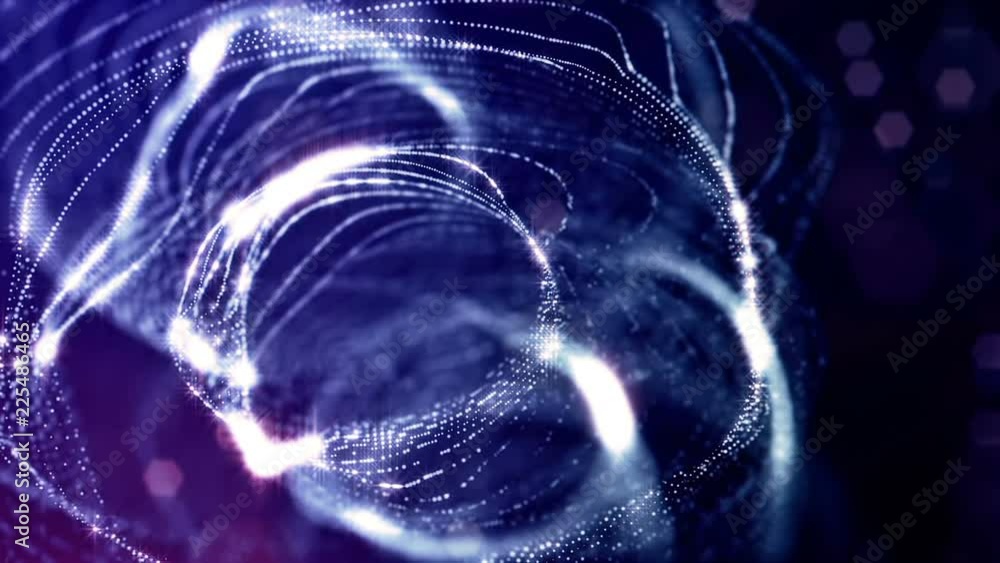 3d render of loop sci-fi animation with glow particles form rolling ...