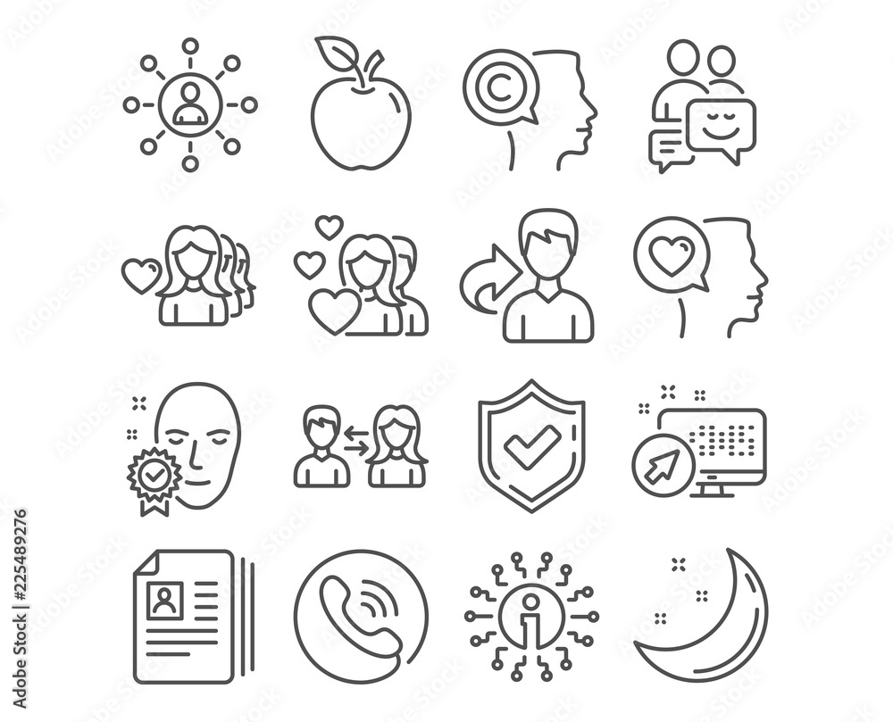 Set of Networking, Woman love and Face verified icons. Communication ...