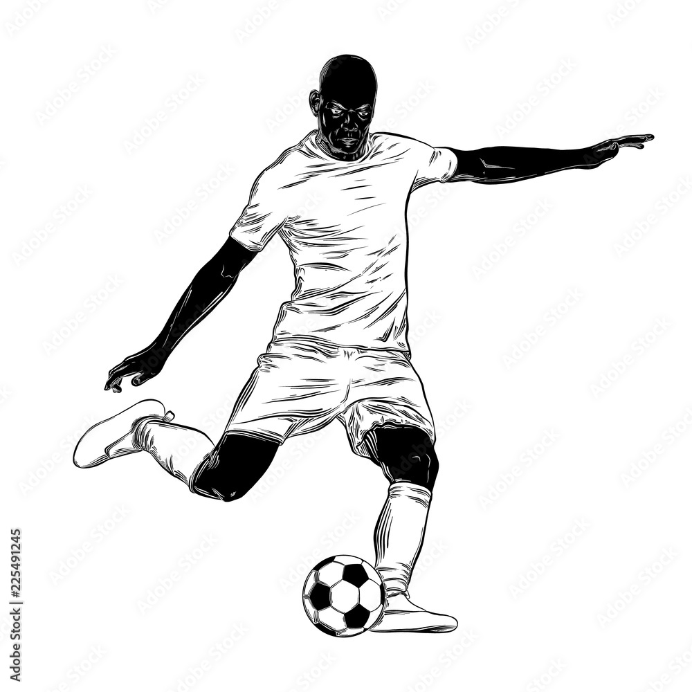 Hand drawn sketch of footballer in black isolated on white background ...
