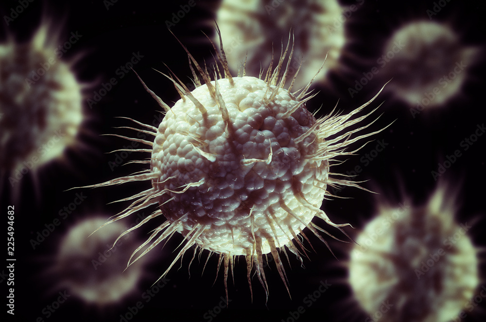 Virus cells under microscope, conceptual 3d render science and medical ...