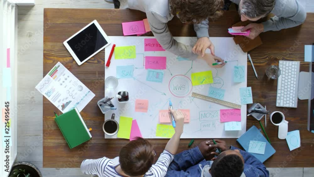 Top view of four creative entrepreneurs drawing large mind map and ...