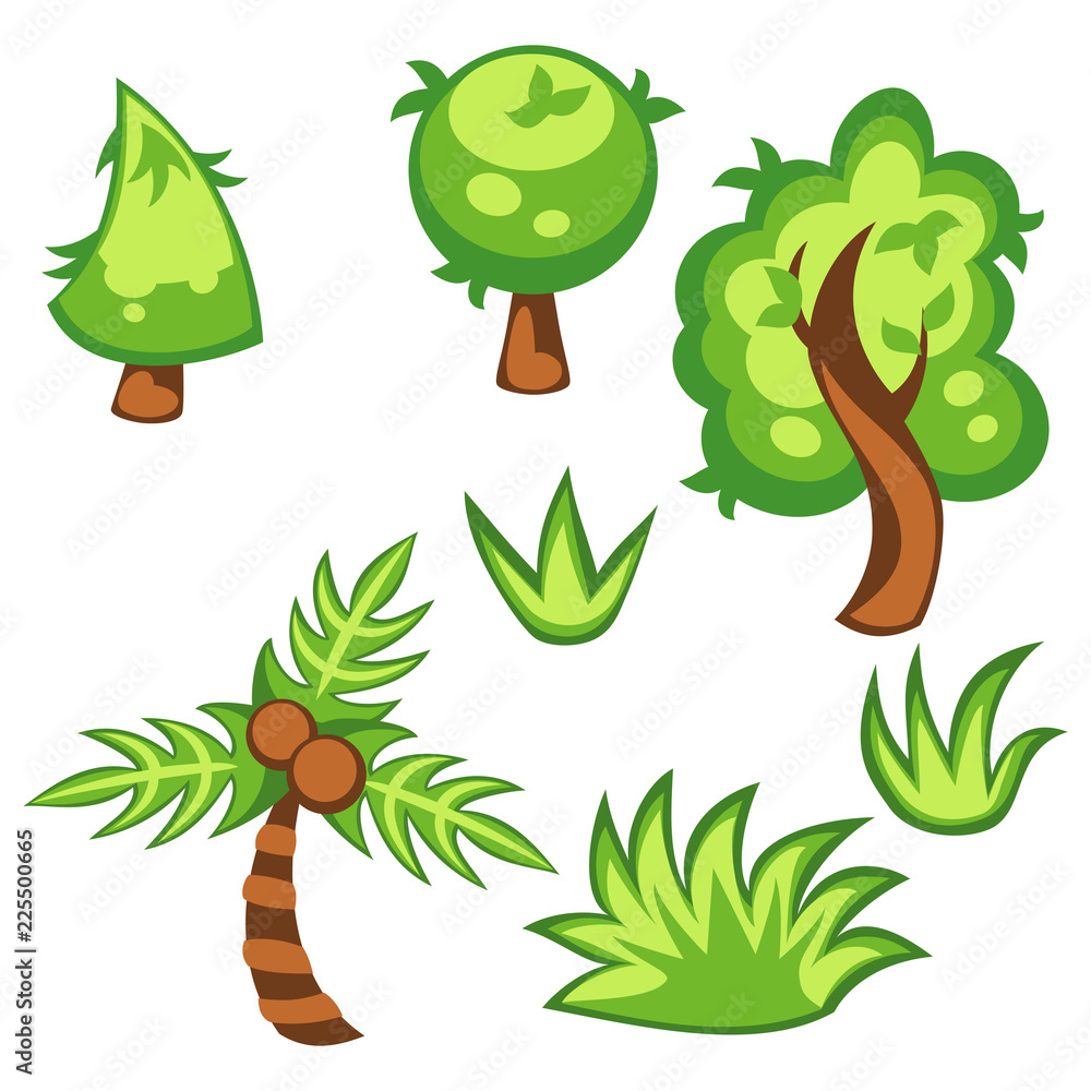 Set of cartoon vector objects - green trees, bushes, grass and a palm ...