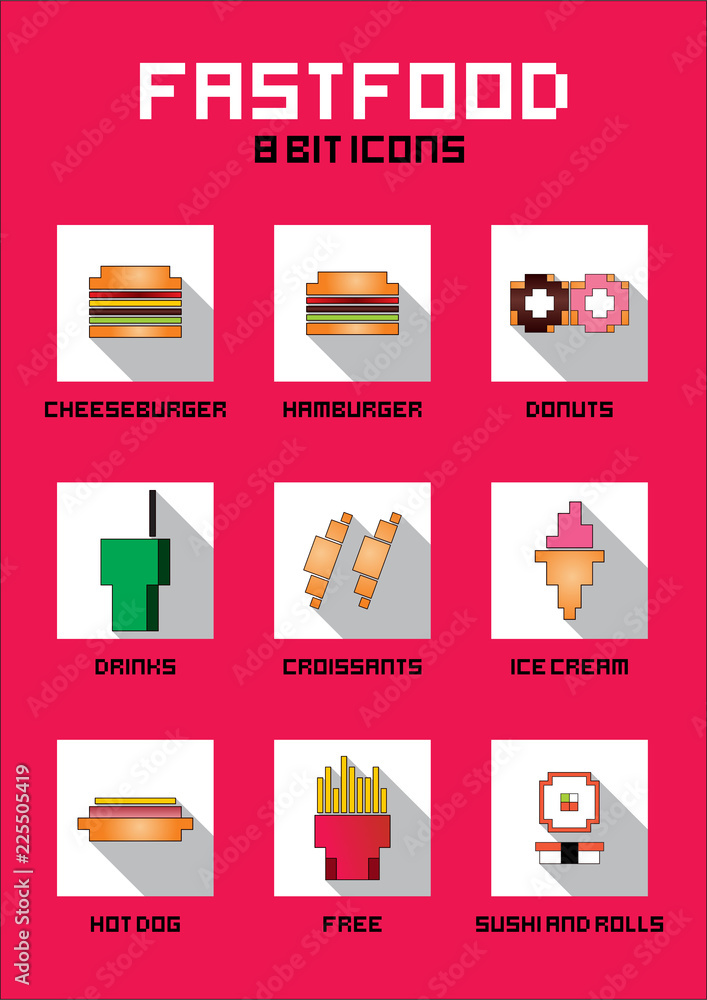 8 bit fast food set.pixel art vector. Stock Vector | Adobe Stock