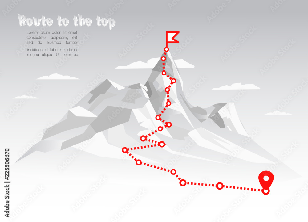 Mountain climbing route to peak. Business journey path in progress to ...