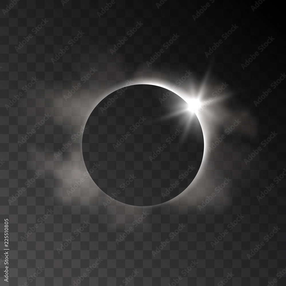 Vector realistic eclipse transparent effect with clouds and light rays ...