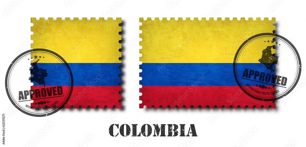 Colombia or colombian flag pattern postage stamp with grunge old ...