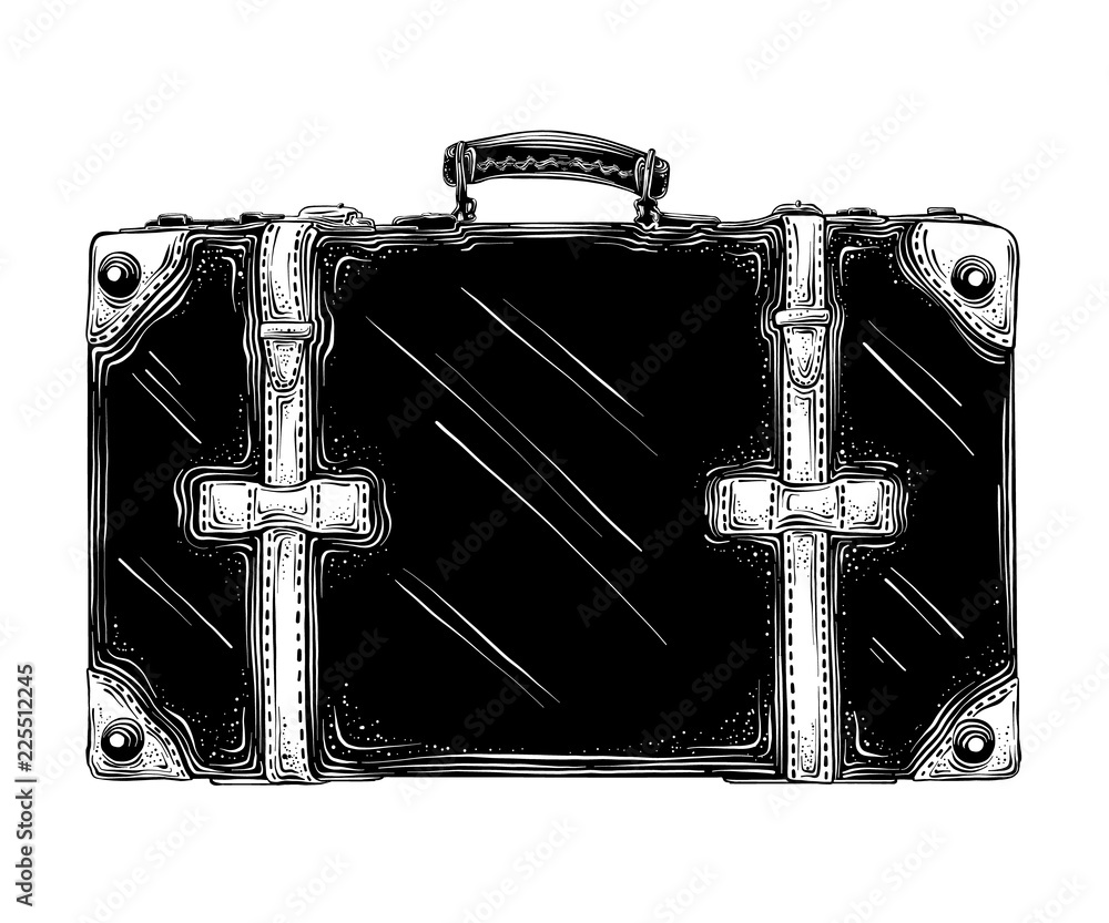 Hand drawn sketch of retro suitcase in black isolated on white ...