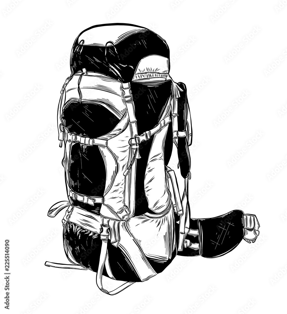 Hand drawn sketch of camping backpack in black isolated on white ...