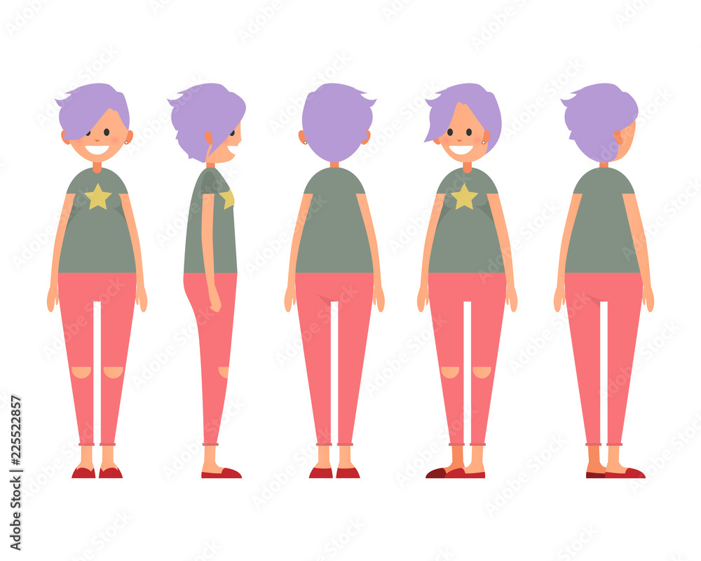 Front, side, back view animated character. Designer character creation ...