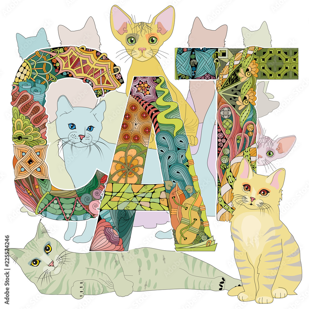 Word CAT with drawing of a cats. Vector decorative zentangle objects ...