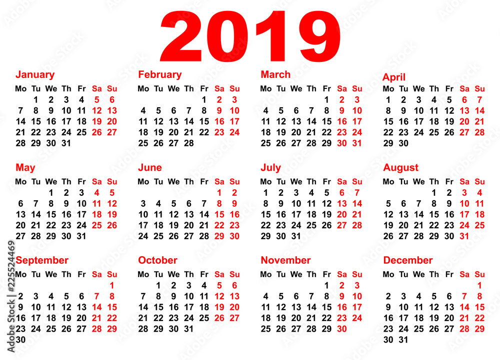2019 year calendar template grid pocket horizontal orientation Stock ...
