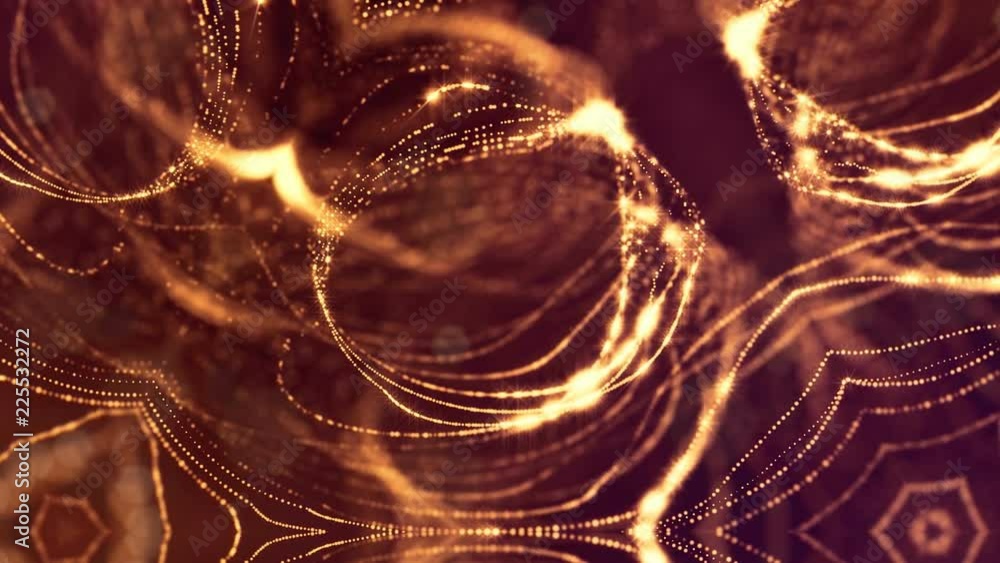 3d render of loop sci-fi animation with glow particles form rolling rings structures. Seamless ...