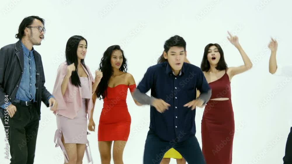 Vidéo Stock Asian people having fun dancing like crazy at white ...