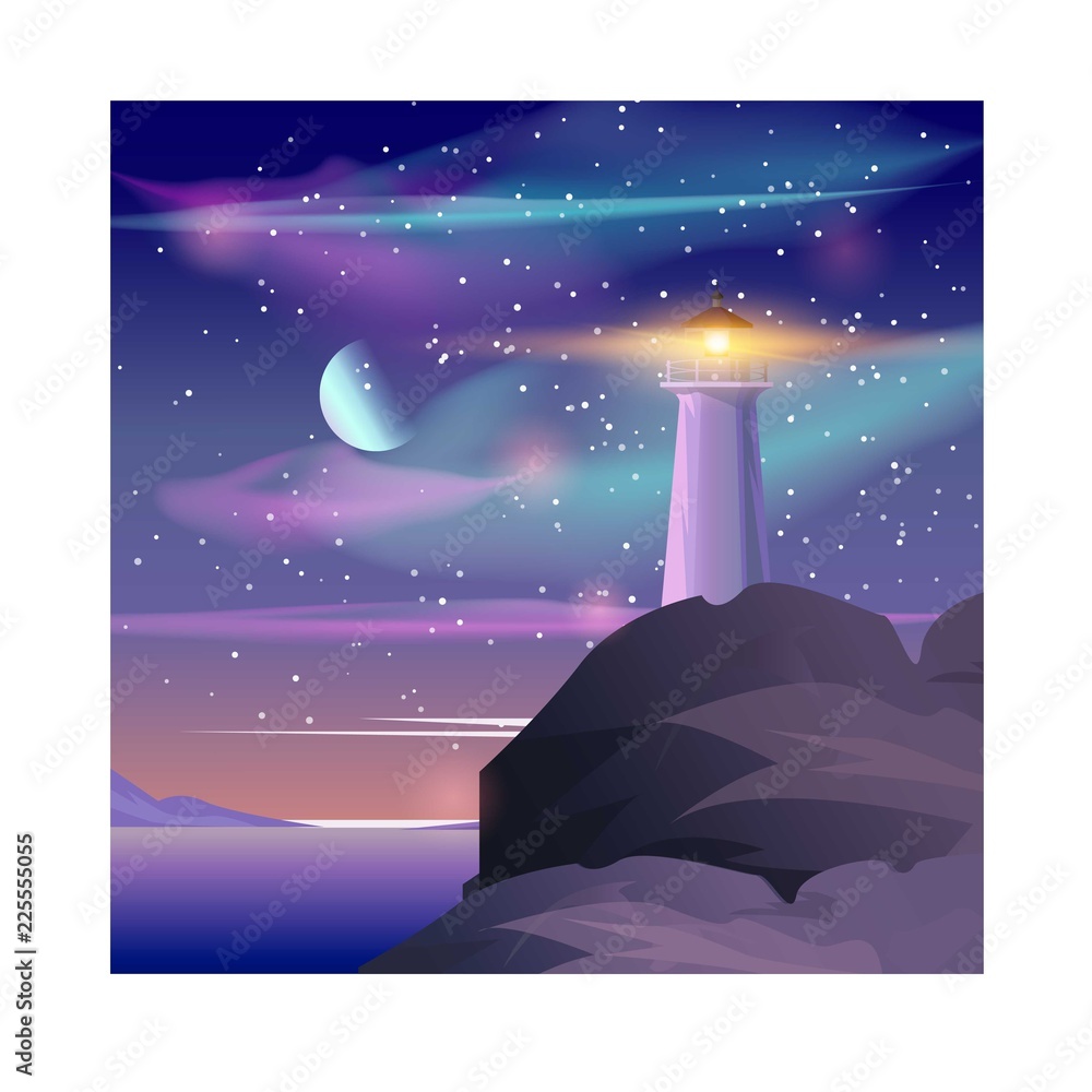 Vector illustration of Lighthouse in night sea. Lighthouse by the sea ...