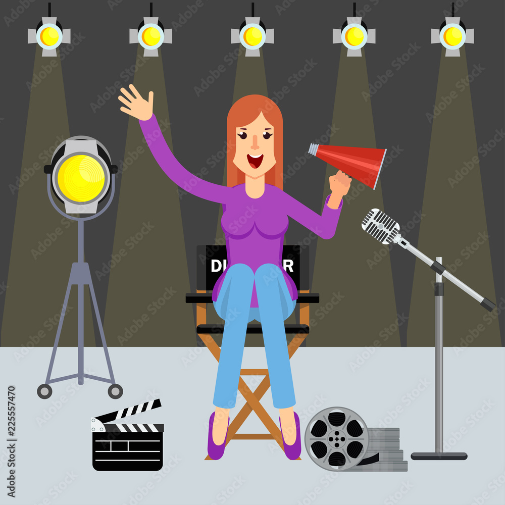 Woman film director on the set. Videoproduction and filmmaking. Flat ...