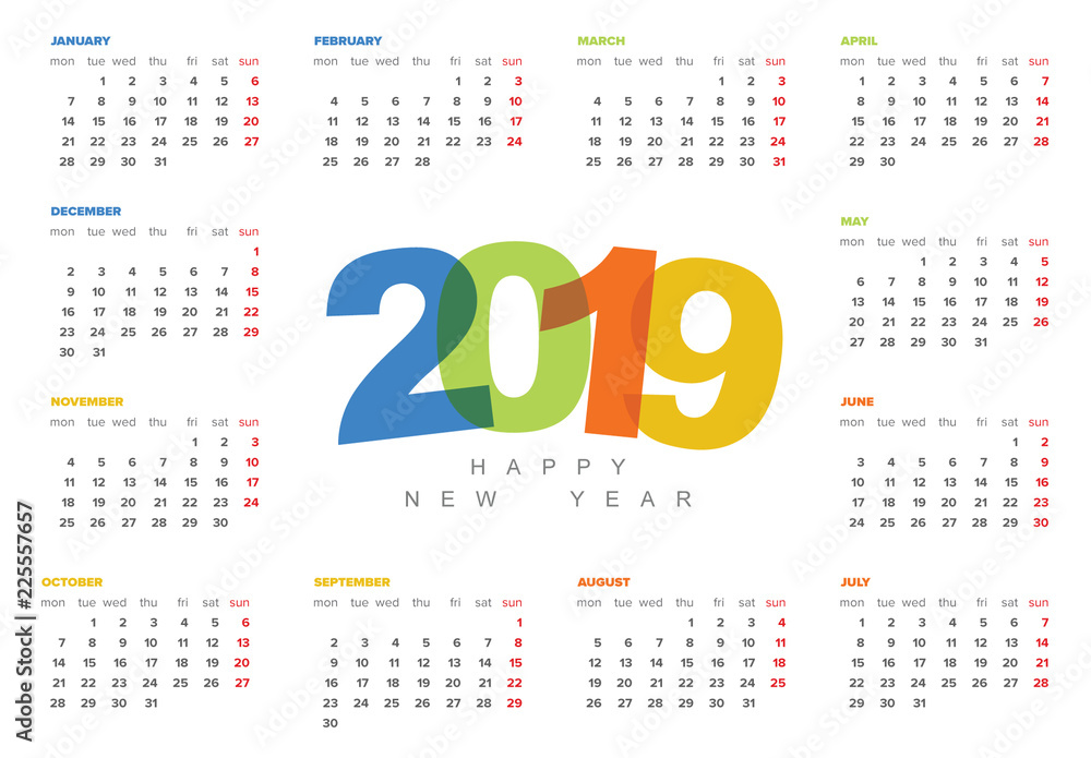 2019 Calendar Layout with Colorful Text Stock Template | Adobe Stock