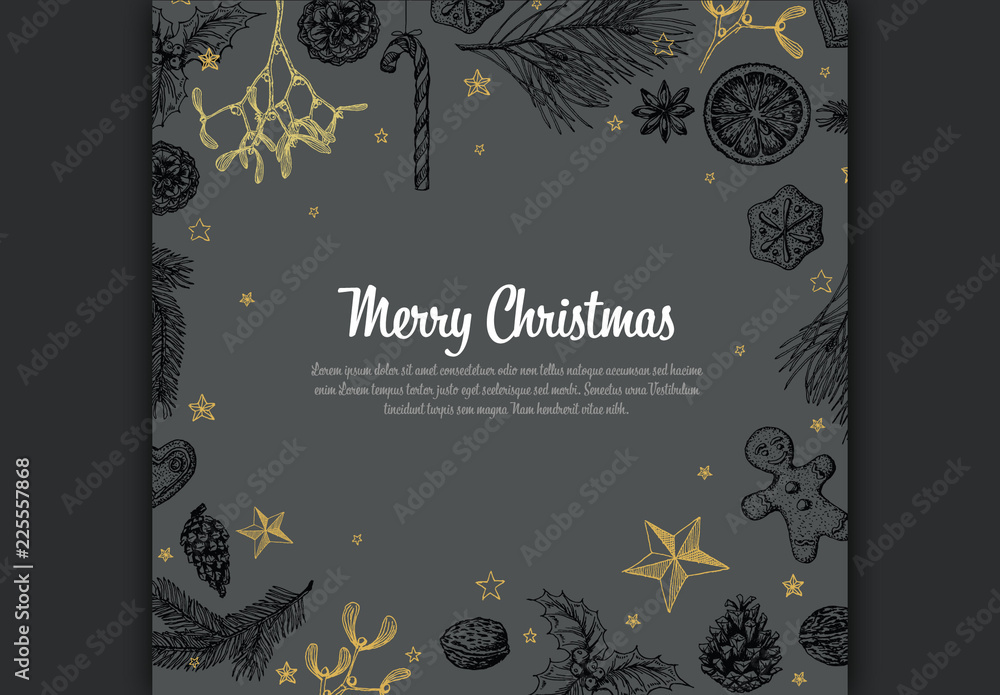 Christmas Card Layout with Hand-Drawn Illustrations Stock Template ...