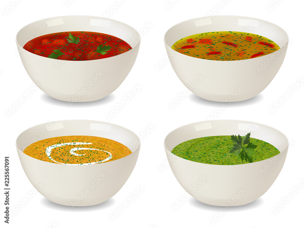 Collection of bowls with soup and cream soup. With greenery and ...